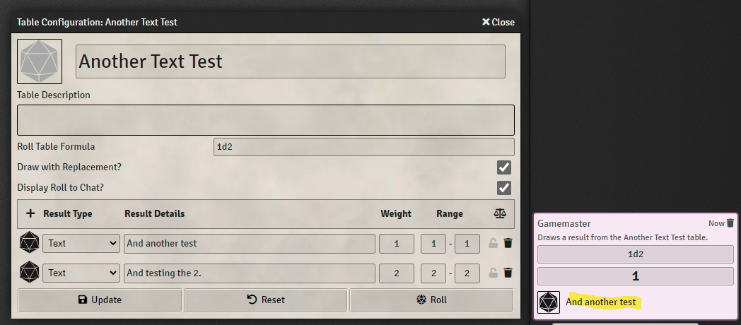 Rollable Tables only output the roll amount · Issue #9 · hitcherland/FoundryVTT-Heart · GitHub