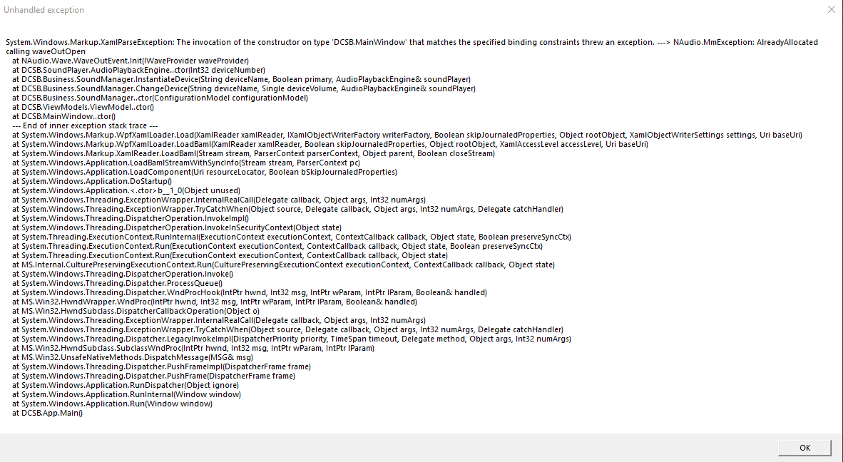 Unhandled Exception (Already Allocated calling waveOutOpen)? · Issue #89 · Kalejin/DCSB · GitHub