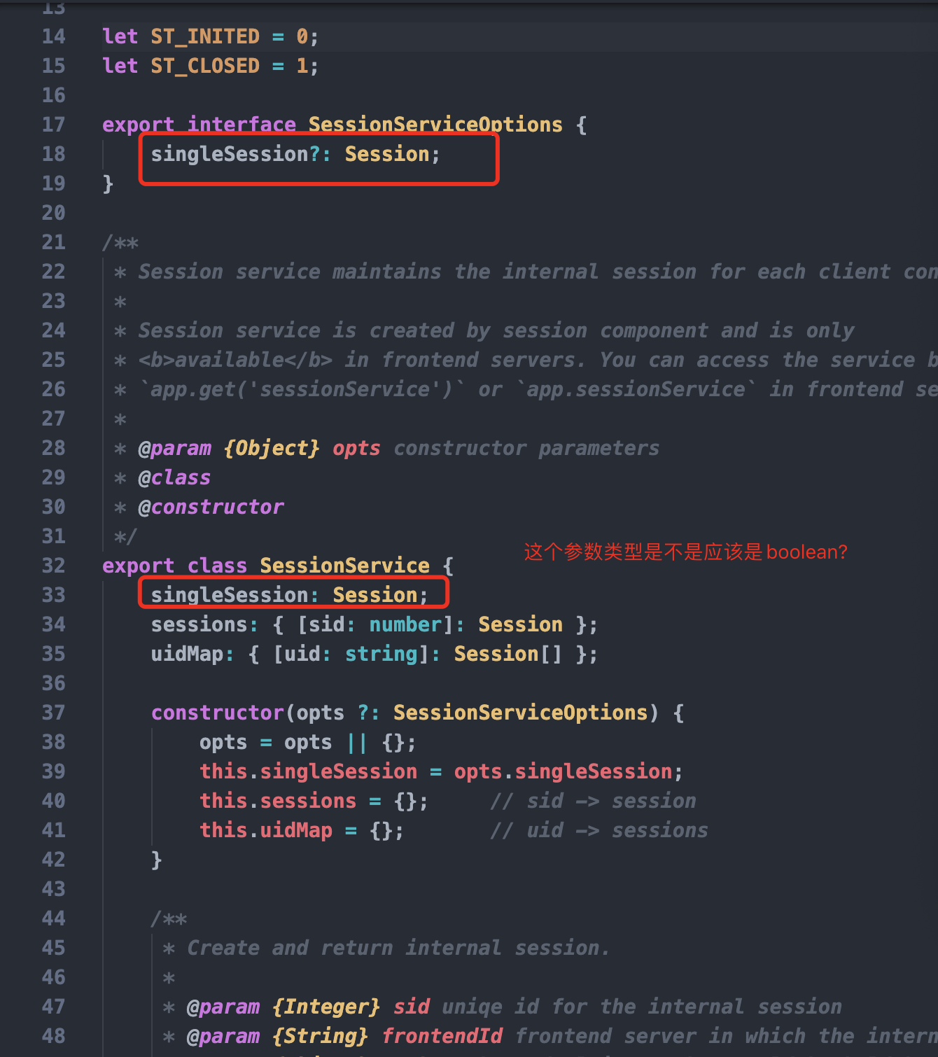 sessionService.ts里singleSession这个参数类型是不是应该是boolean? · Issue #118 · node-pinus/pinus · GitHub