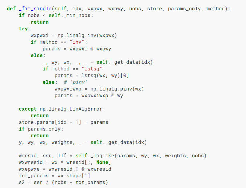 Avoid np.linalg.inv call in regression.rolling.RollingWLS.fit if output ...