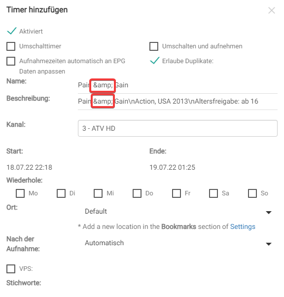 Ampersand (&) shown in encoded form when editing timer · Issue #1539 · E2OpenPlugins ...