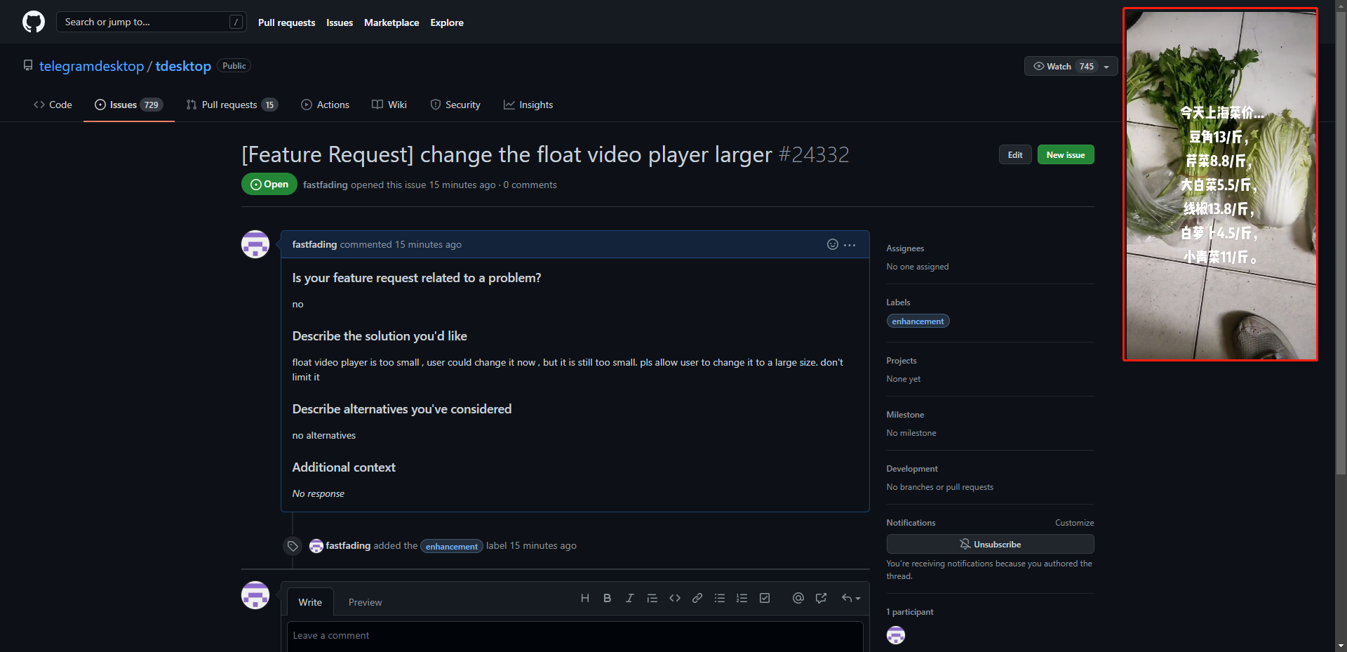 [Feature Request] change the float video player larger · Issue #24332 · telegramdesktop/tdesktop ...