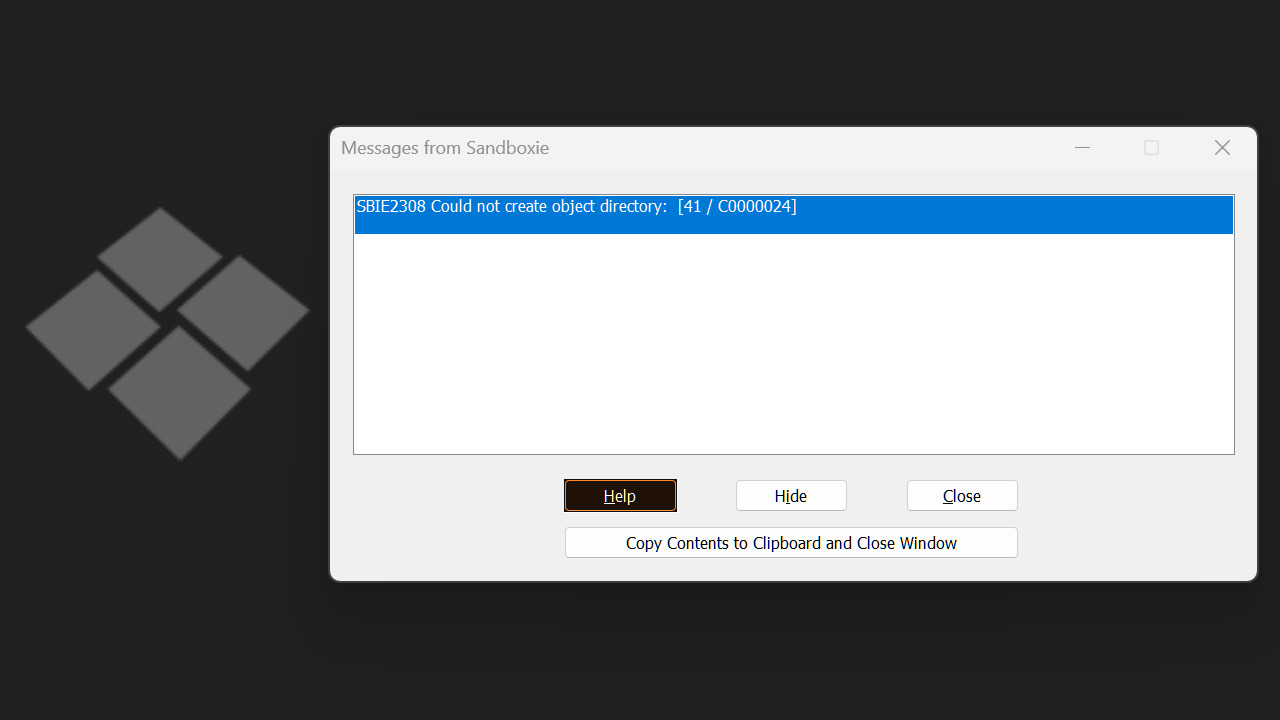 SBIE2308 Could not create object directory: [41/C0000024]