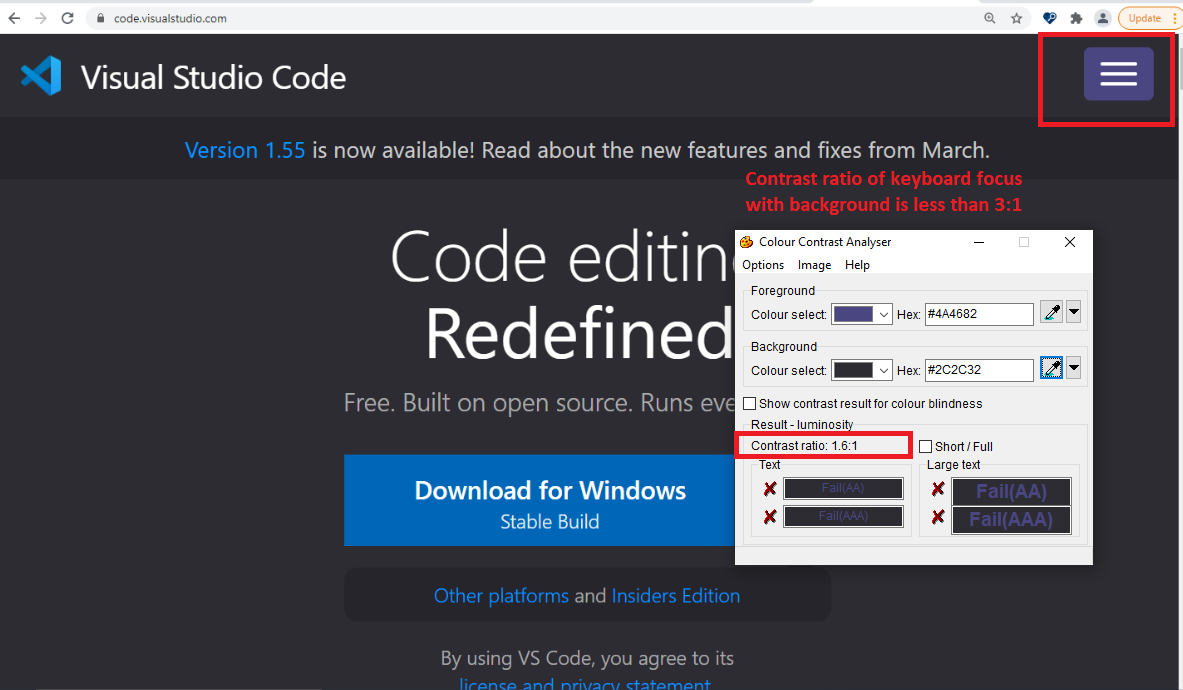 A11y_Visual Studio Code_HomePage_Non-Text Contrast: At 200% zoom, contrast ratio of keyboard ...