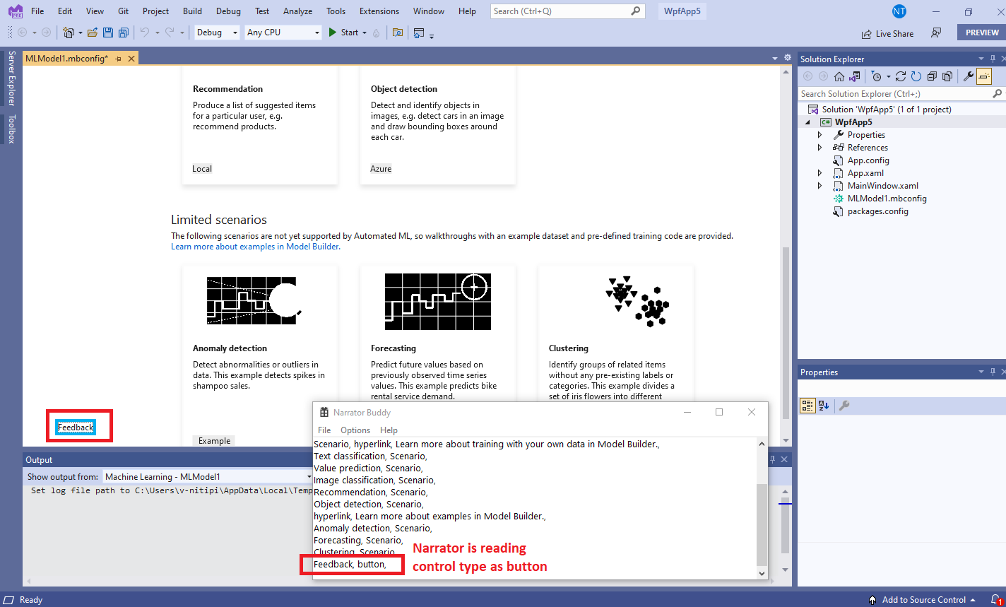 A11y_ML .NET Model Builder_ Scenarios_ Info and Relationships: Proper control type is not ...