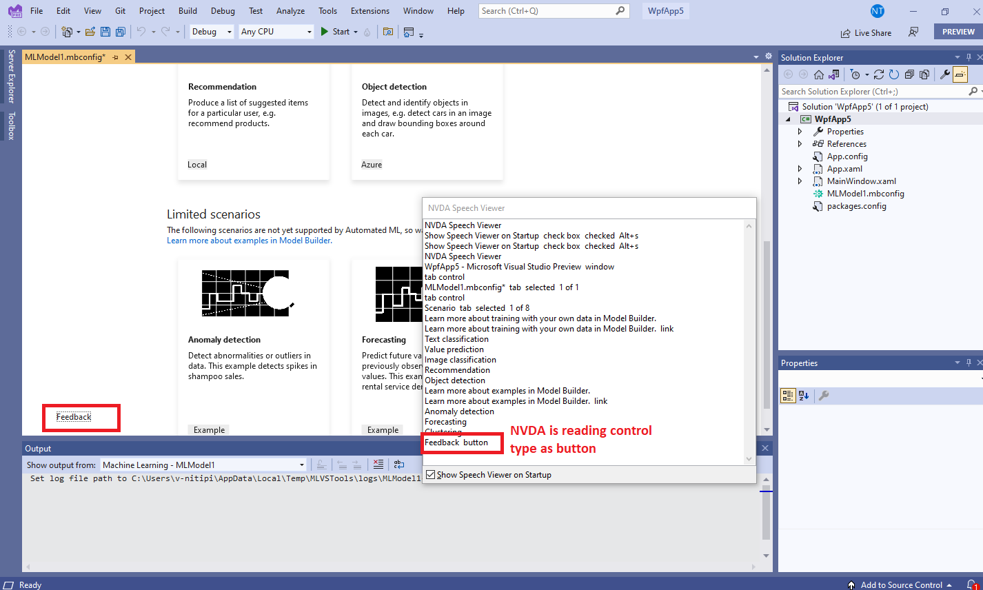 A11y_ML .NET Model Builder_ Scenarios_ Info and Relationships: Proper control type is not ...