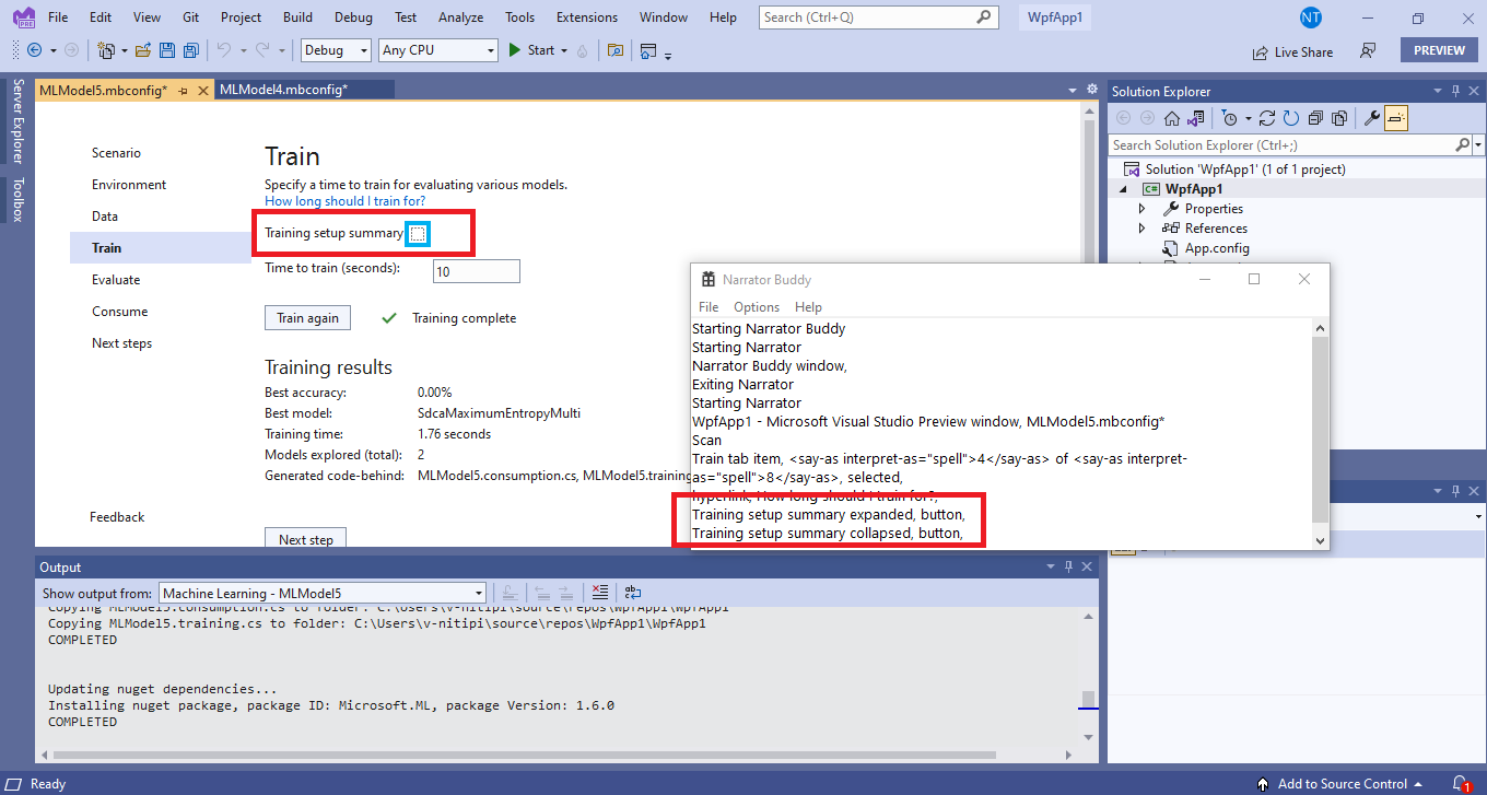 A11y_ML .NET Model Builder_ Train_ Usability: Narrator is not reading the expand/collapse state ...