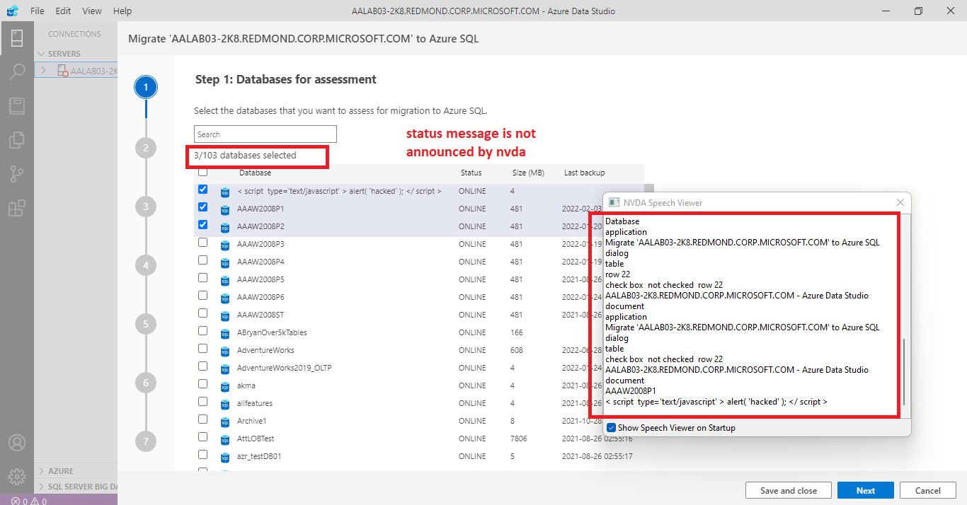 A11y_Azure Data Studio extension 'Azure SQL Migration'_Databases for assessment_Status messages ...