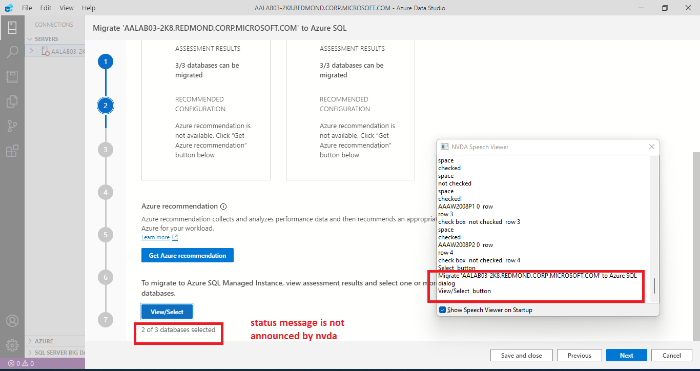 A11y_Azure Data Studio extension 'Azure SQL Migration'_Databases for assessment_Status messages ...