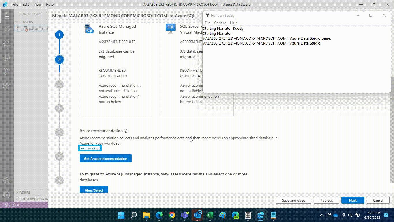 A11y_Azure Data Studio extension 'Azure SQL Migration'_Databases for assessment_Status messages ...