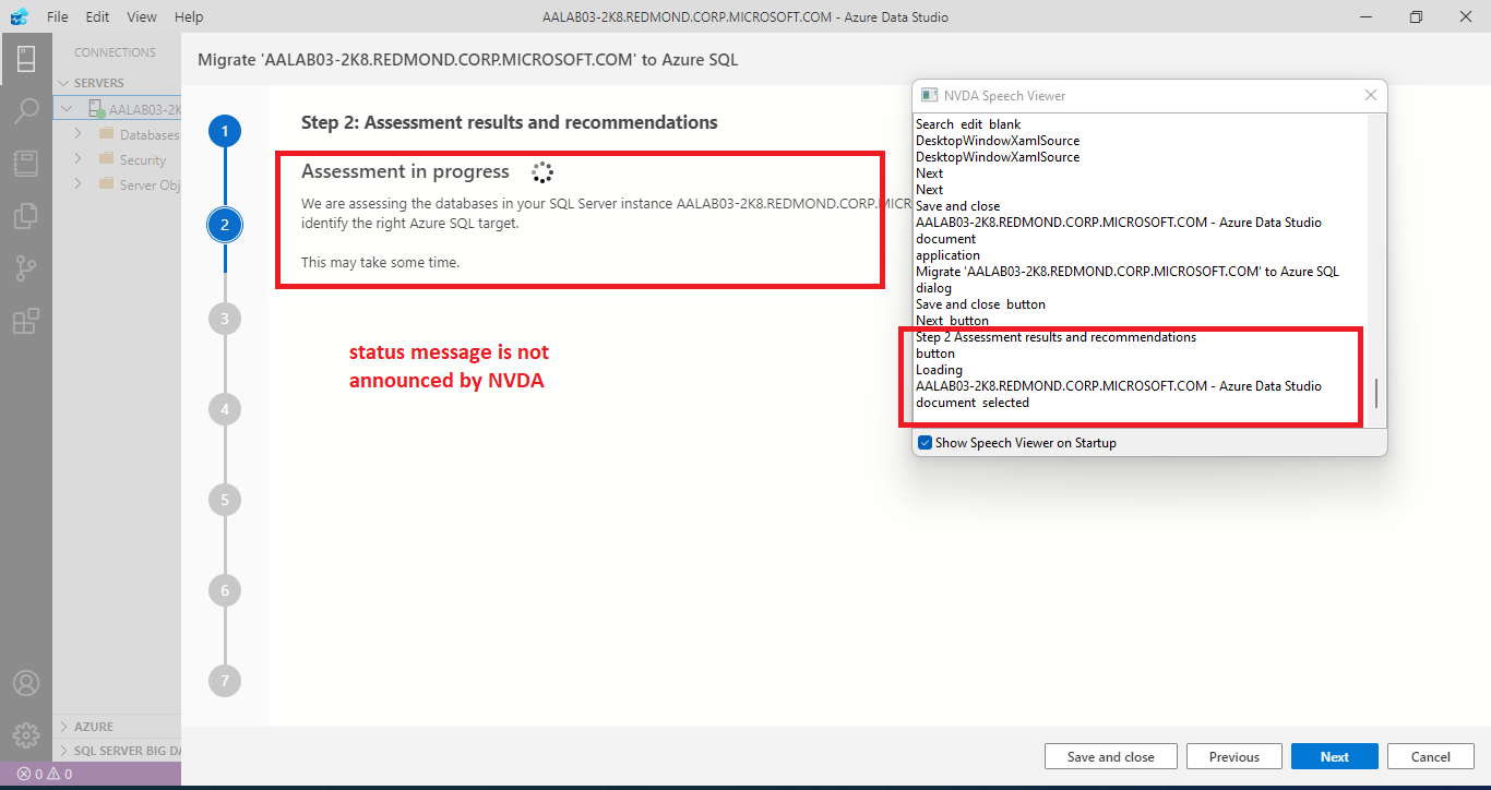A11y_Azure Data Studio extension 'Azure SQL Migration'_Assessments results and recommendations ...