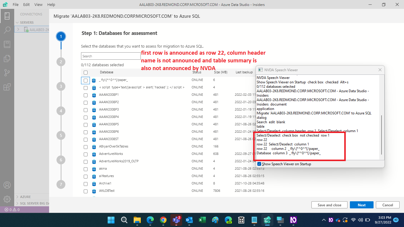 A11y_Azure Data Studio extension 'Azure SQL Migration'_Databases for assessment_ScreenReader ...