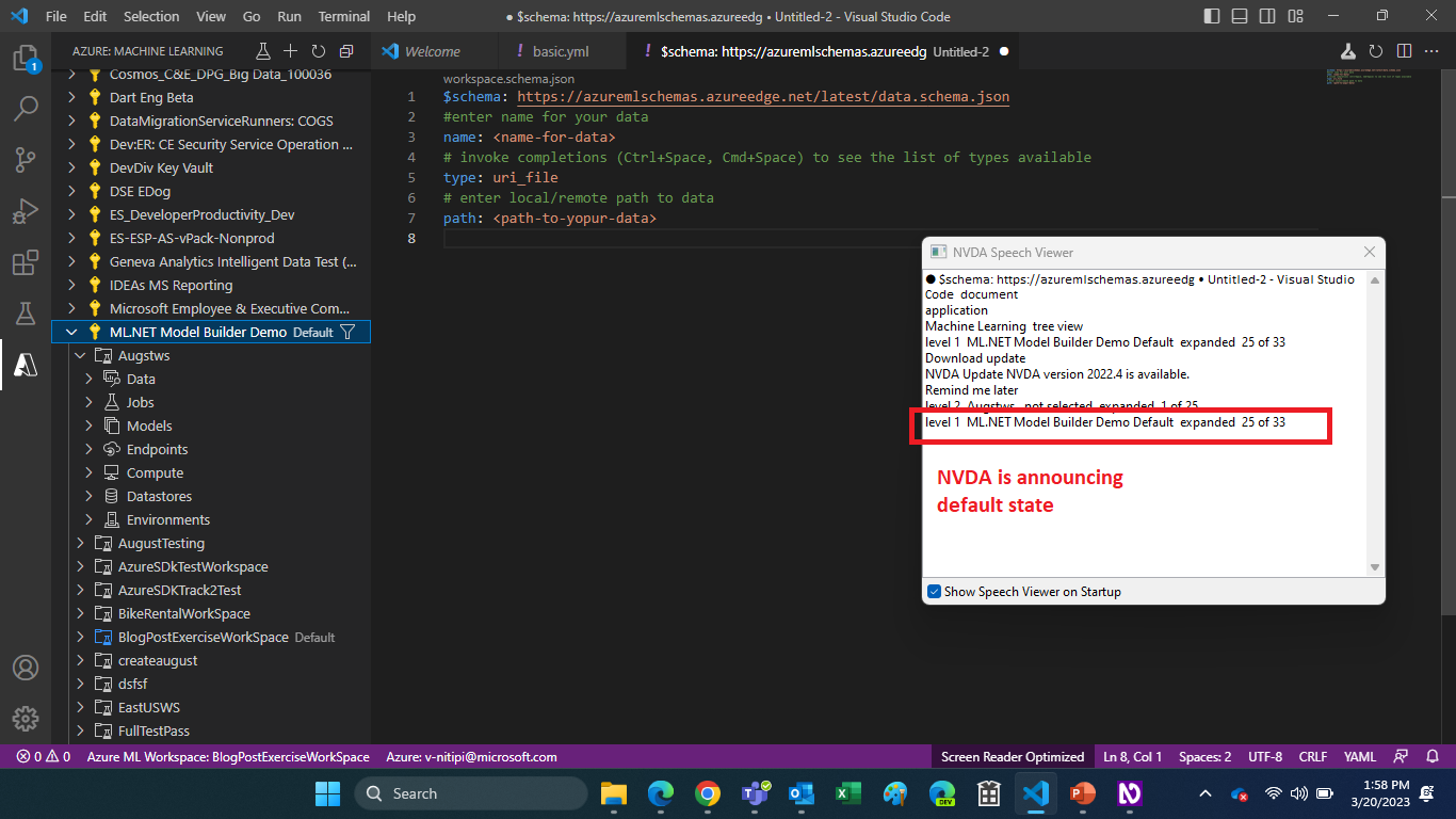 A11y_AzureMachineLearningExtension_Workspaces_ScreenReader: NVDA/Narrator is not announcing the ...