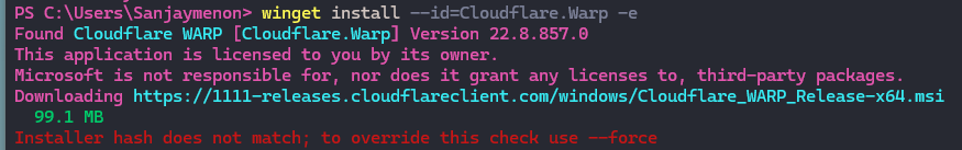 [Package Issue]: Cloudflare.Warp Installer hash does not match! · Issue #82072 · microsoft ...