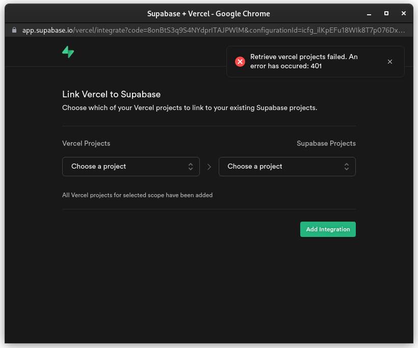 Failure adding Supabase integration to Vercel · Issue #4717 · supabase/supabase · GitHub