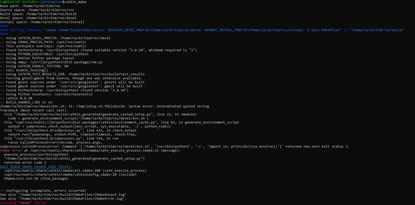 AirSim ROS build failing in WSL1 · Issue #4881 · microsoft/AirSim · GitHub