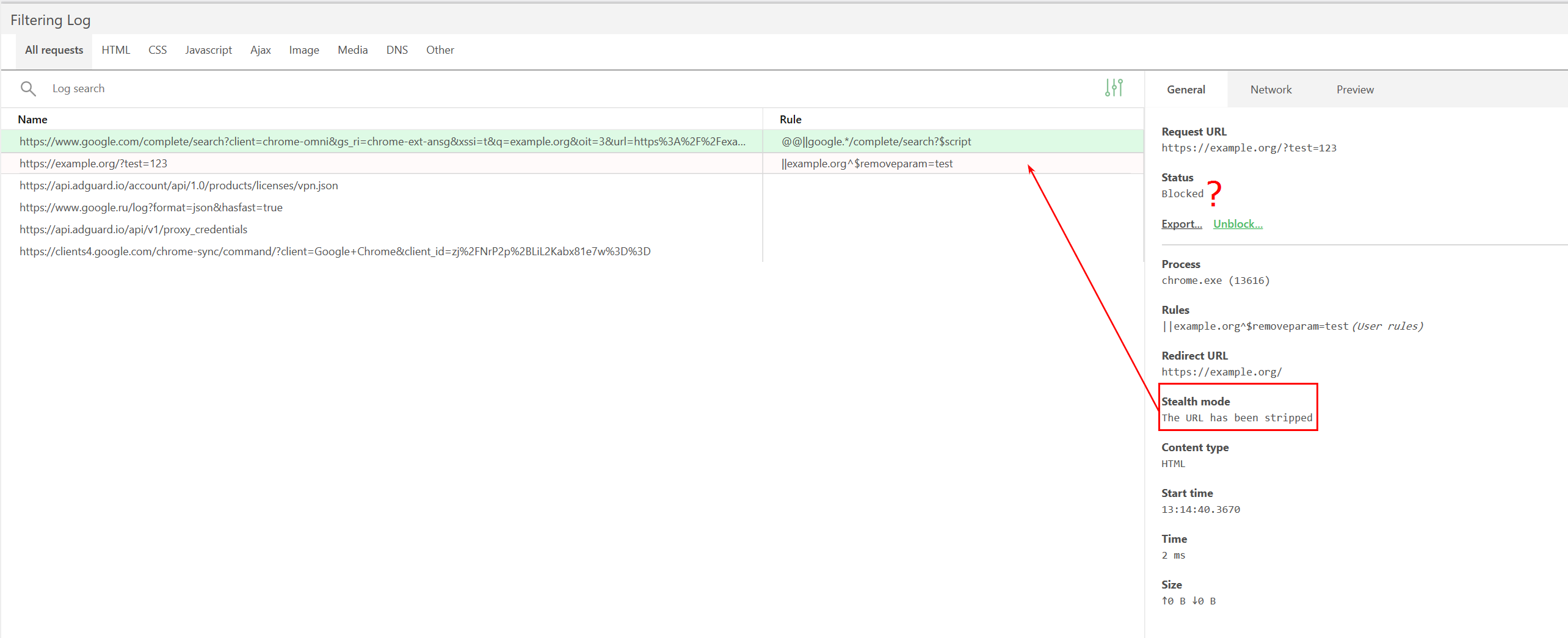 Requests with applied $removeparam rules has wrong background color in the filtering log · Issue ...