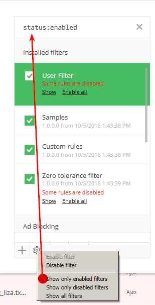 When closing, save checkboxes status in the filtering log and filters displaying status in the ...