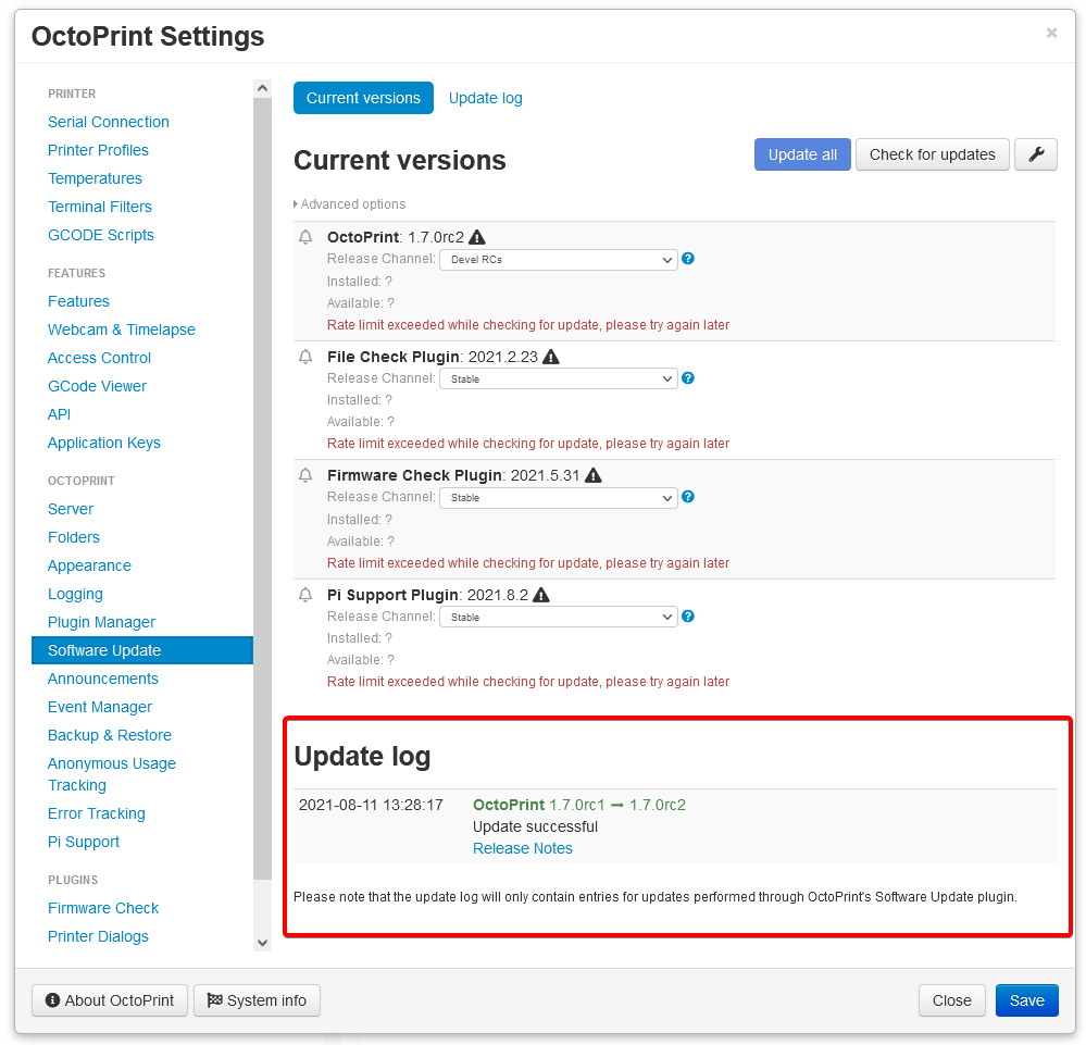 [1.7.0rc2] "Update log" visible on wrong tab · Issue #4207 · OctoPrint ...