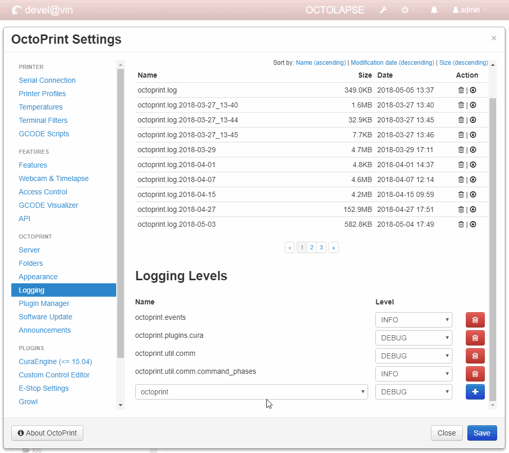 Logging option not saving · Issue #2628 · OctoPrint/OctoPrint · GitHub