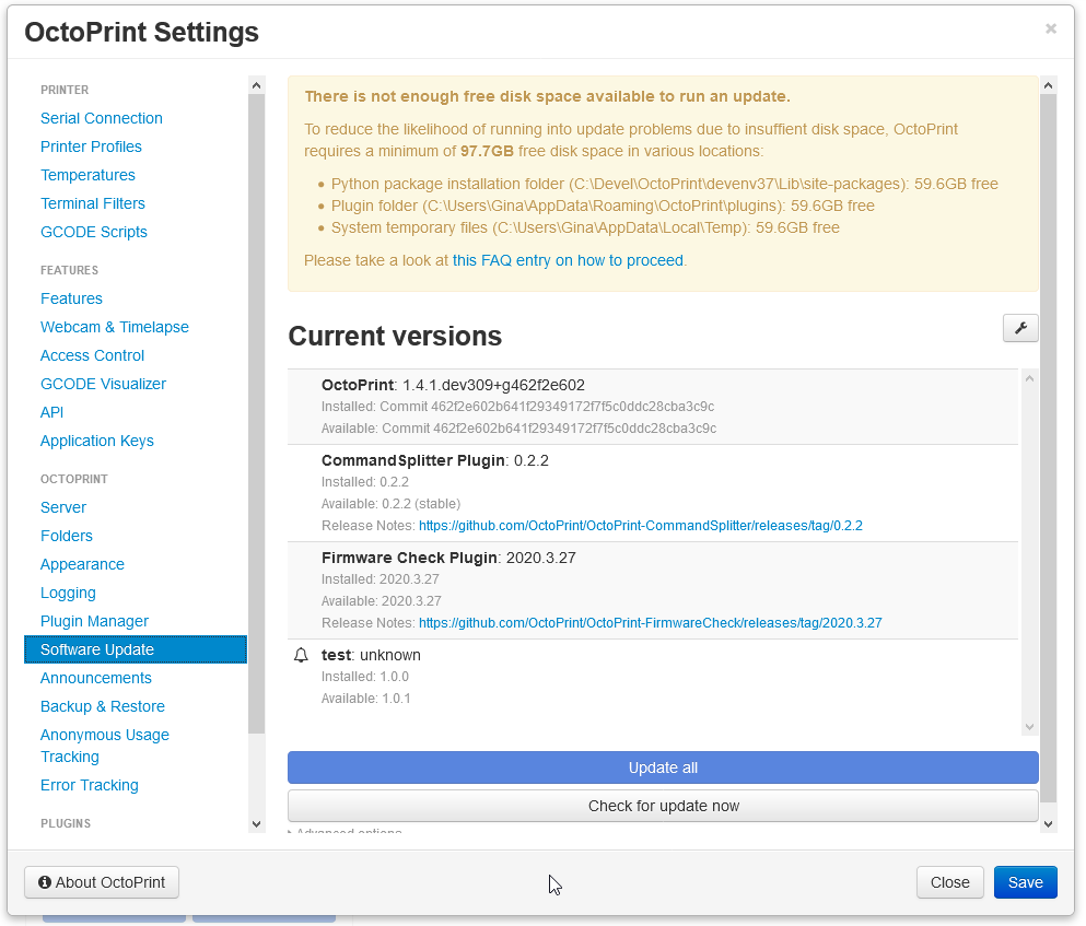 Software Update fails with (near) full disk · Issue #2312 · OctoPrint/OctoPrint · GitHub