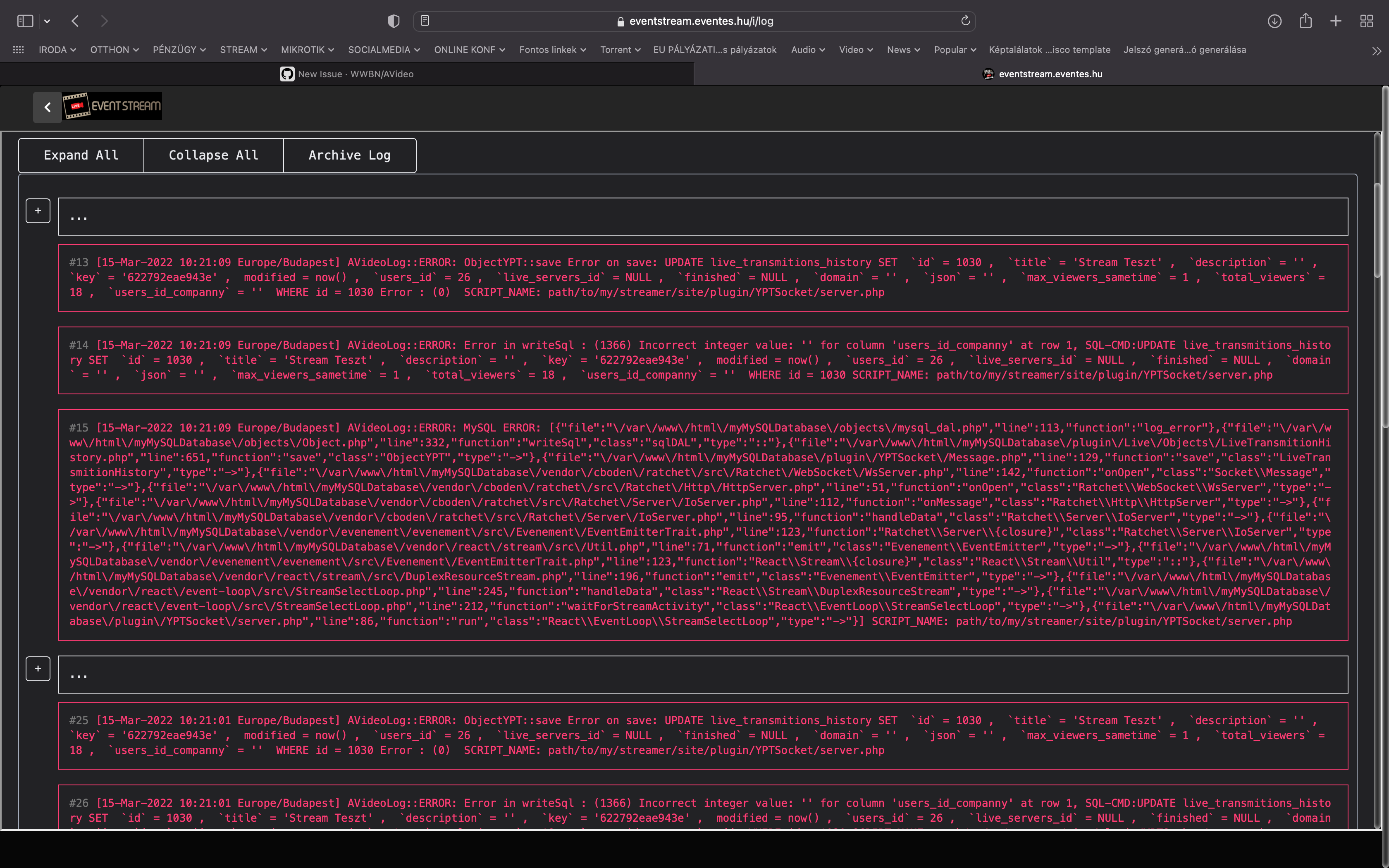 Error log · Issue #6389 · WWBN/AVideo · GitHub