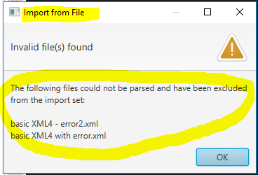 Import from File - file name not specified in error dialog for invalid xml and update Message ...