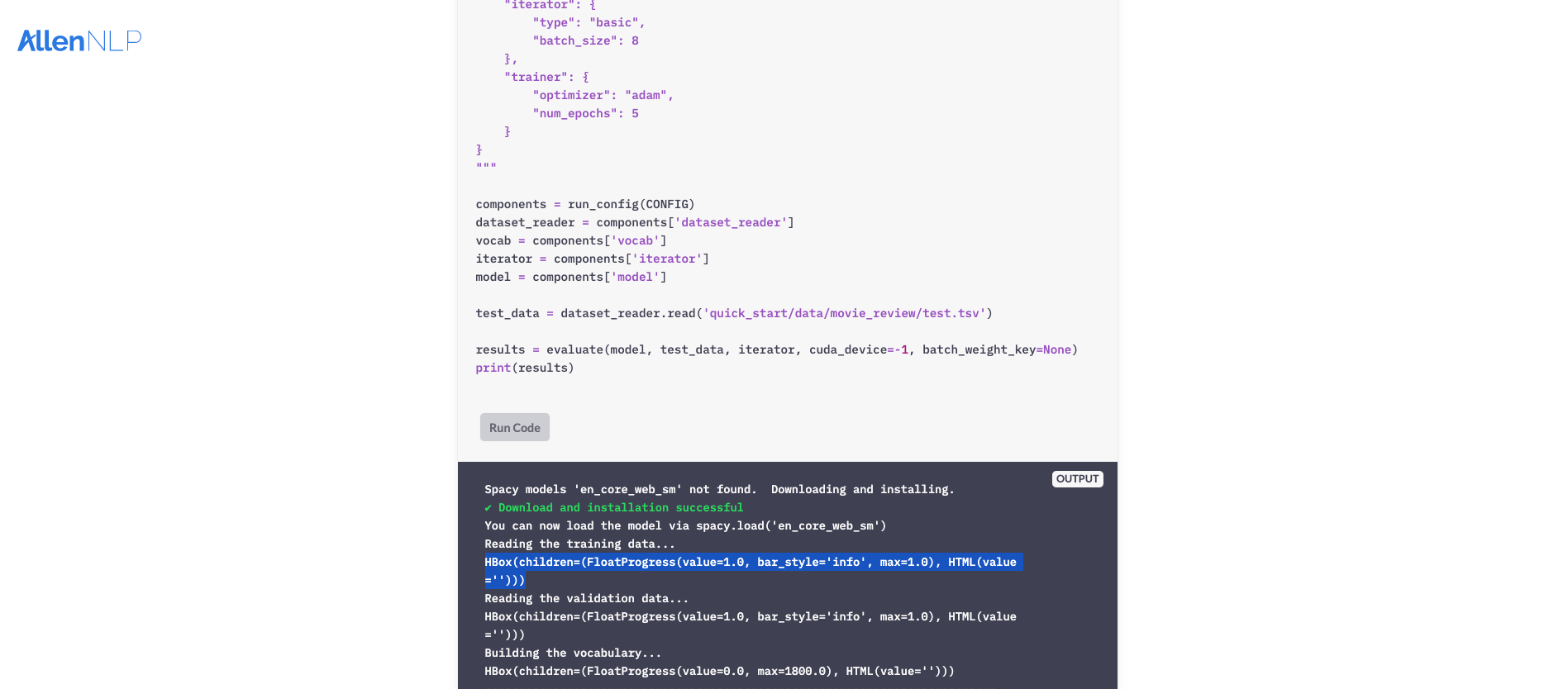 Weird `HBox(...)` line showing up in Juniper output · Issue #76 · allenai/allennlp-guide · GitHub