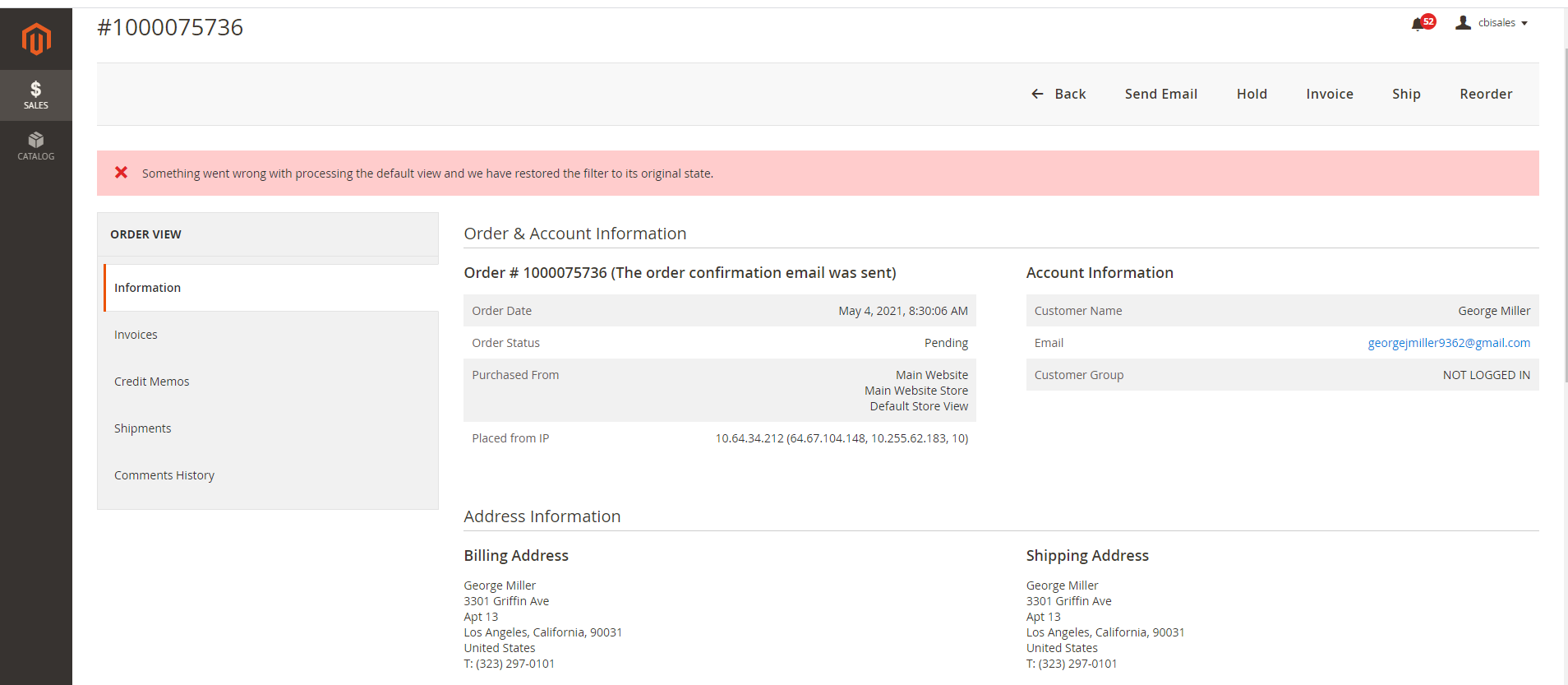 Something went wrong with processing the default view and we have restored the filter to its ...
