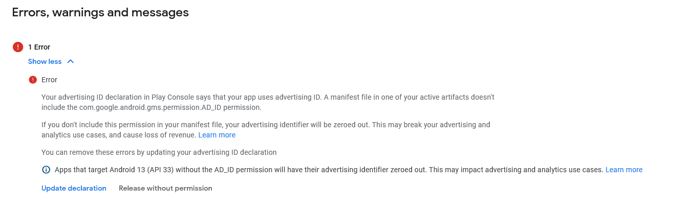 A manifest file in one of your active artifacts doesn't include the com.google.android.gms ...