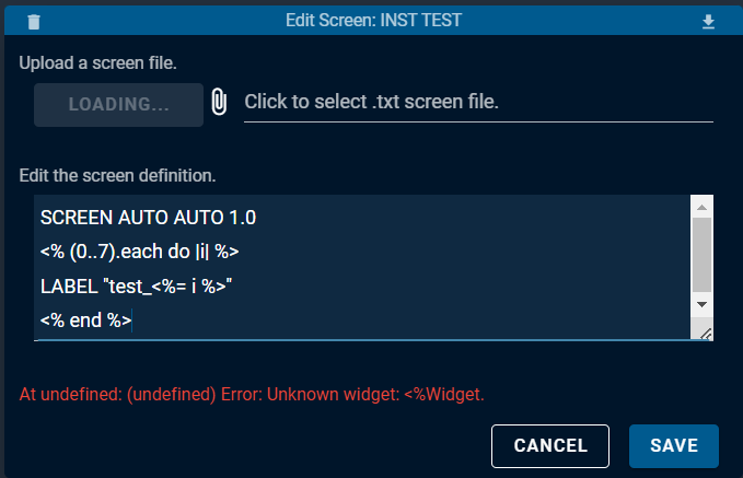 in Telemetry viewer, support ERB code when pasting or writing a new screen definition using `new ...