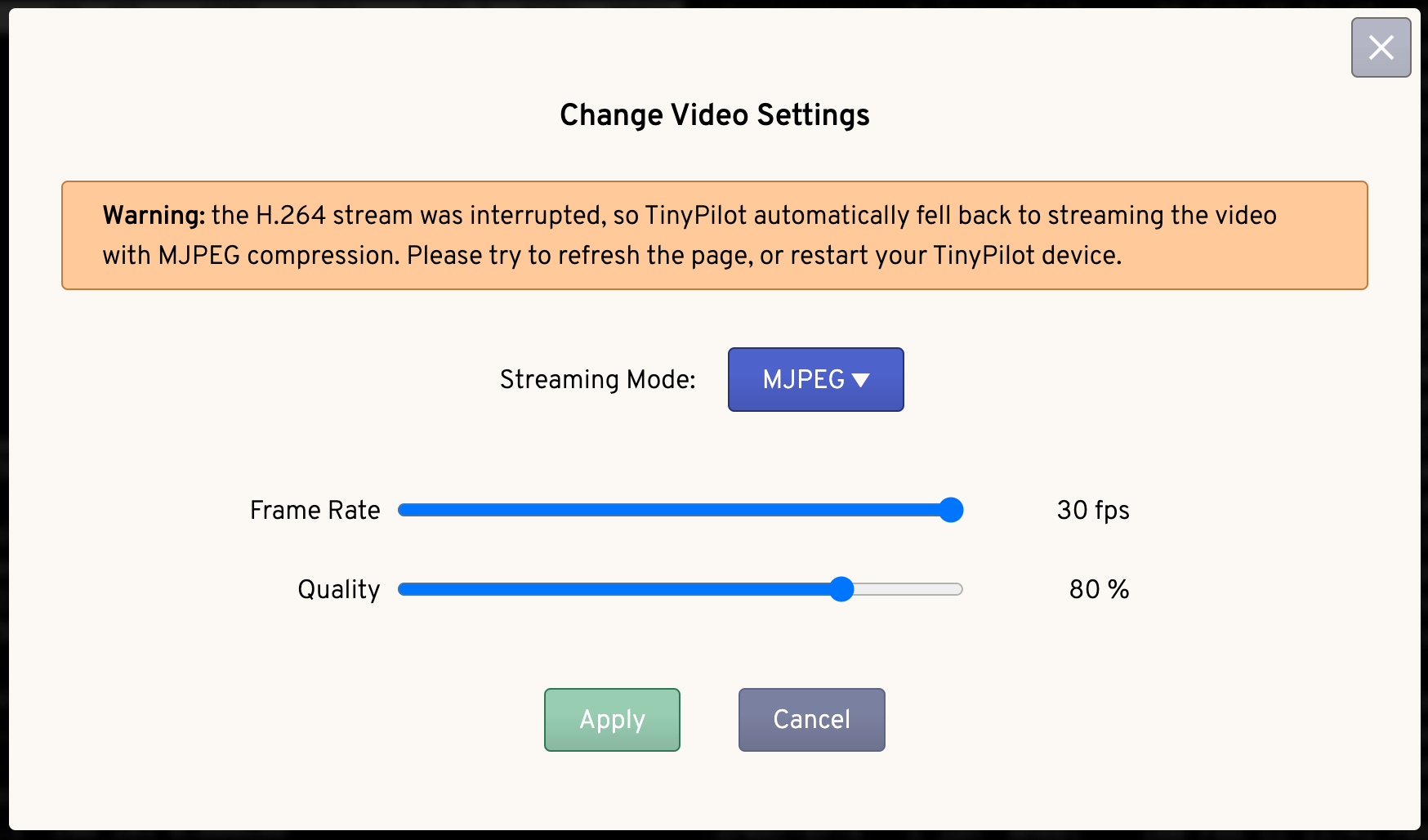 H264: Make MJPEG failover more obvious · Issue #1187 · tiny-pilot/tinypilot · GitHub