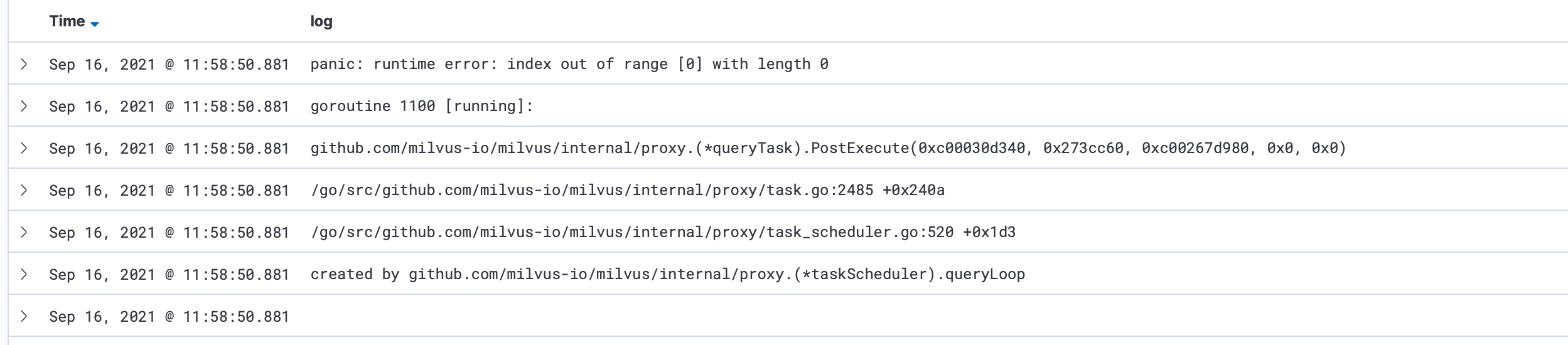 Proxy crashed: panic: runtime error: index out of range [0] with length 0 · Issue #7348 · milvus ...