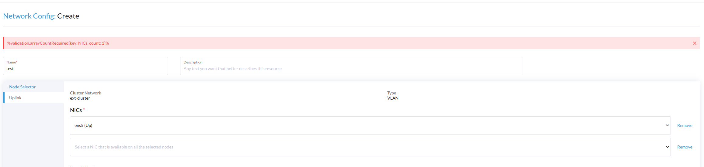 [BUG] When in Rancher Harvester dashboard and adding a network config with an empty NIC you get ...