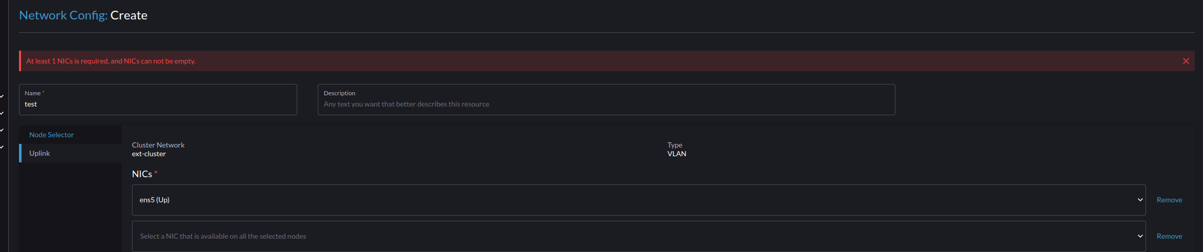 [BUG] When in Rancher Harvester dashboard and adding a network config with an empty NIC you get ...