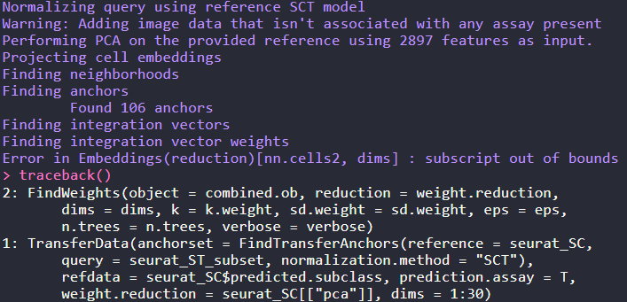 TransferData(): Error in Embeddings(reduction)[nn.cells2, dims] : subscript out of bounds ...