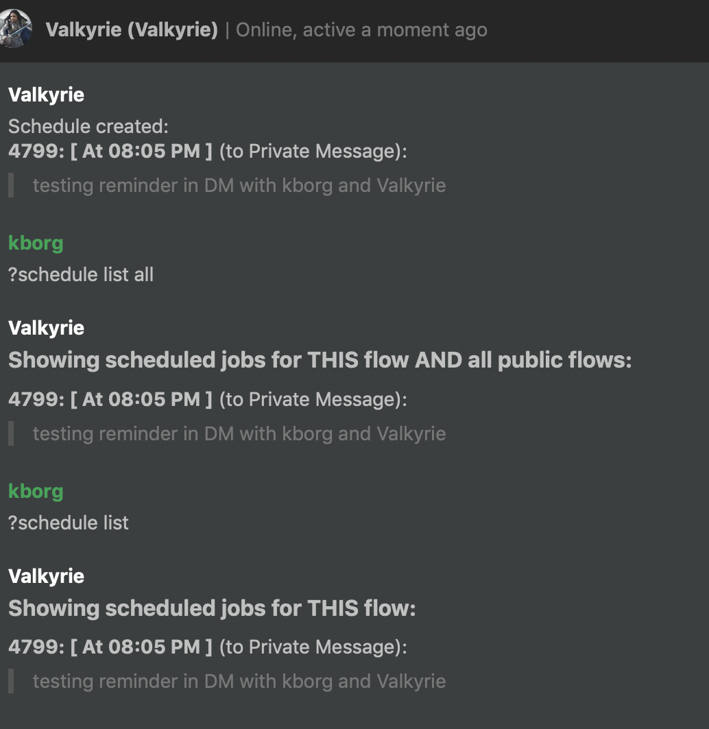 Bugfix schedule in dm not listing by kb0rg · Pull Request #117 · thesis/valkyrie · GitHub