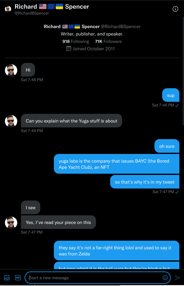 Richard Spencer admitting BAYC's art evokes Nazi imagery (TLSNotary signed Twitter DM's) · GitHub