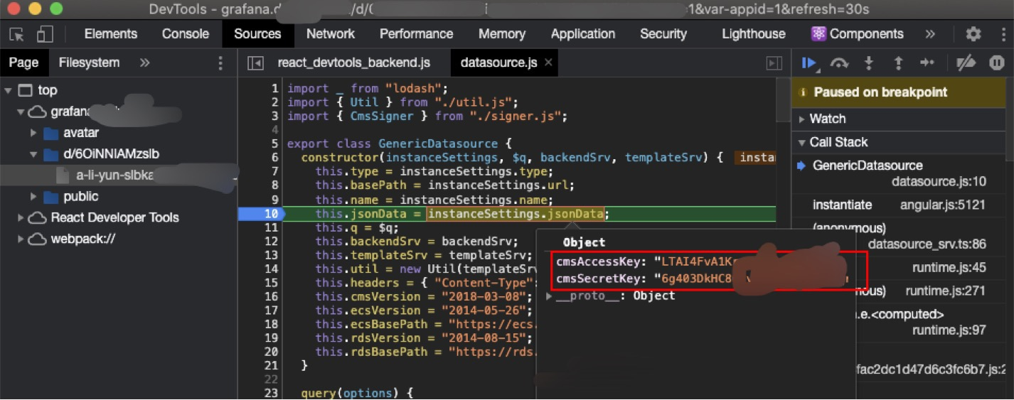 cmsAccessKey和secret不应该放在jsonData字段里，会被前端直接明文读取 · Issue #42 · aliyun/aliyun-cms-grafana · GitHub