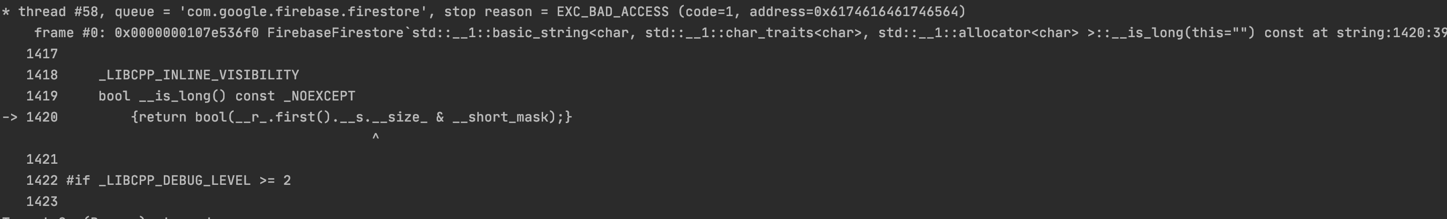 'com.google.firebase.firestore', stop reason = EXC_BAD_ACCESS (code=1, address=0x11a7f8017 ...