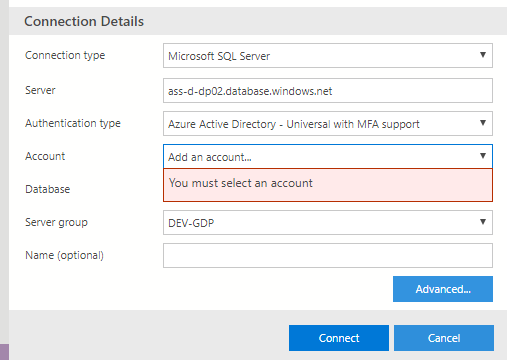Unable to specify AAD login under Account tab with AAD-Universal with ...