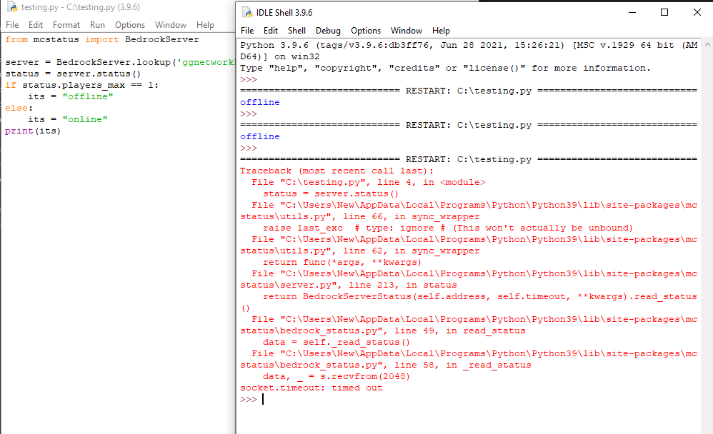 TimeoutError while checking bedrock status · Issue #432 · py-mine/mcstatus · GitHub