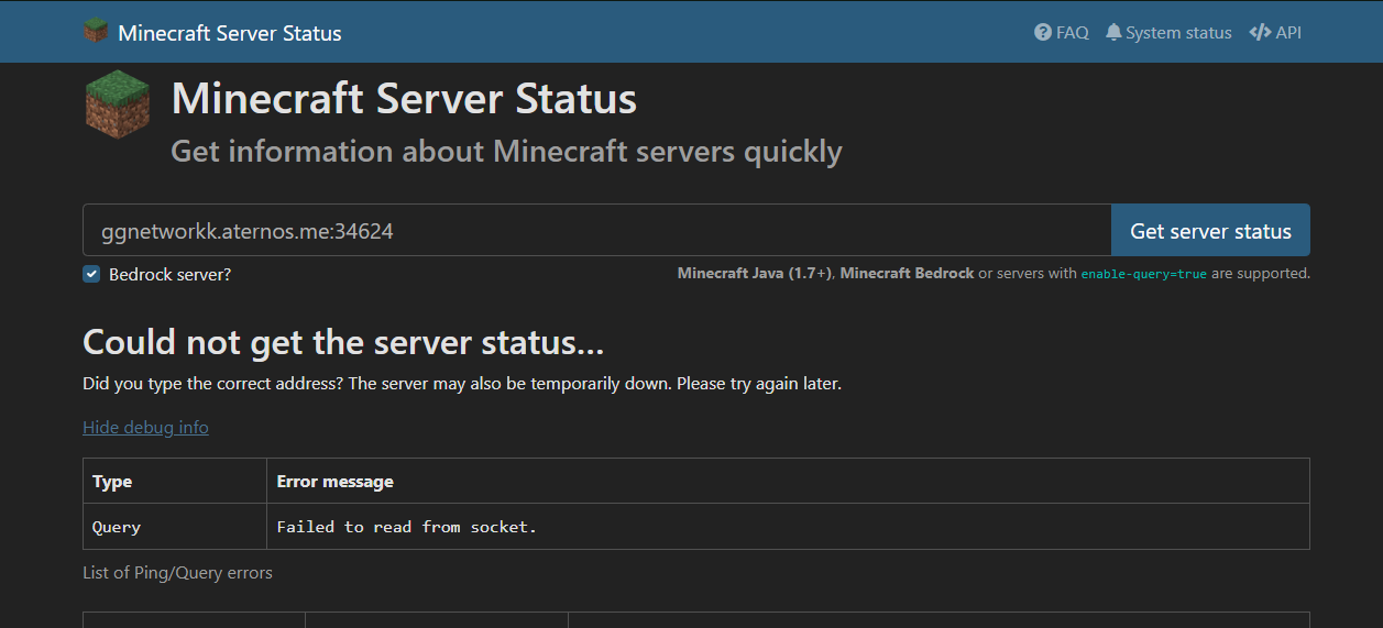 TimeoutError while checking bedrock status · Issue #432 · py-mine/mcstatus · GitHub