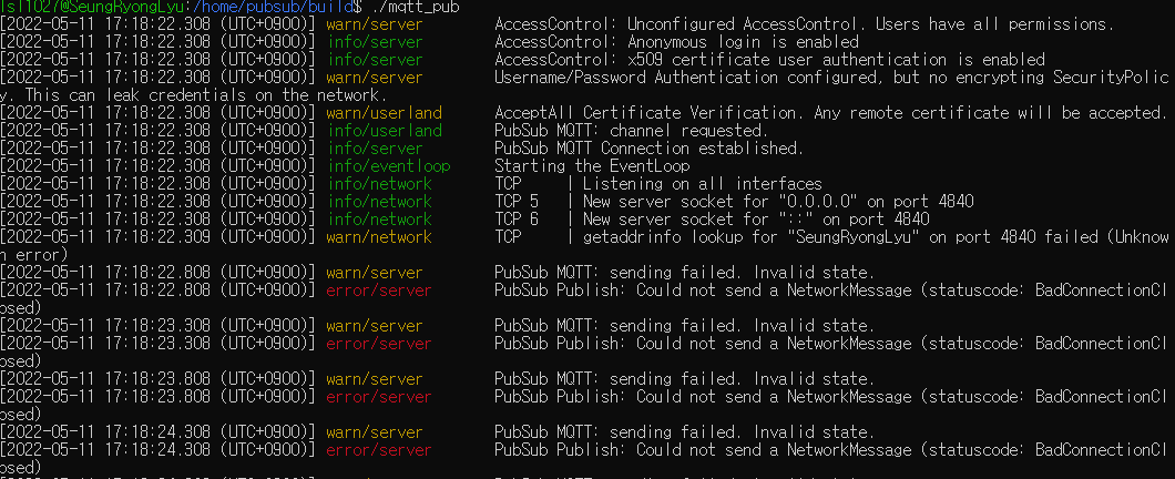 PubSub MQTT: sending failed. Invalid state. · Issue #5120 · open62541/open62541 · GitHub