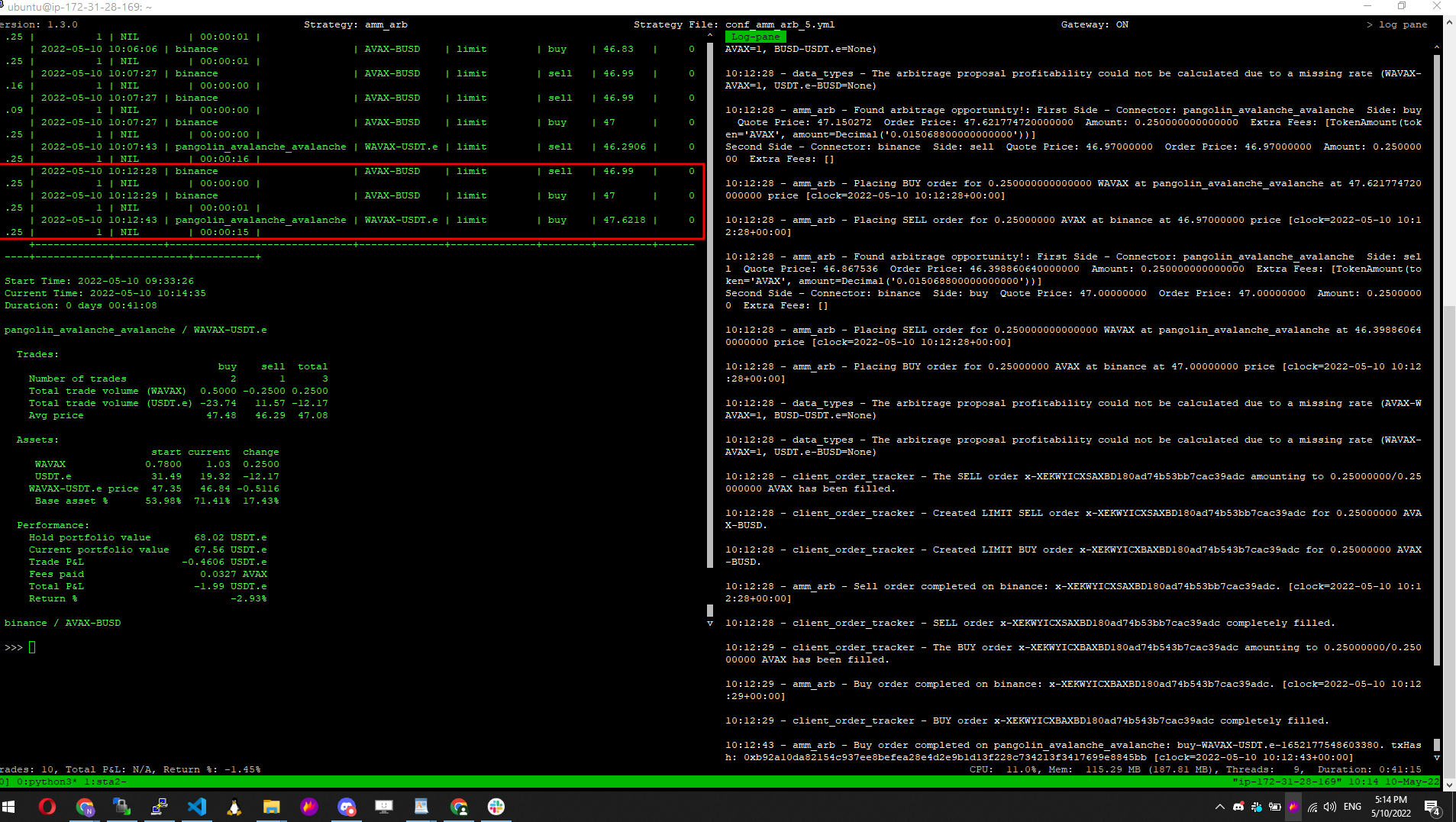 AMM Arbitrage - both sell and buy filled on CEX exchange for single cycle, using Pangolin ...