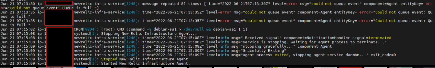 "level=error msg="could not queue event" component=Agent entityKey ...