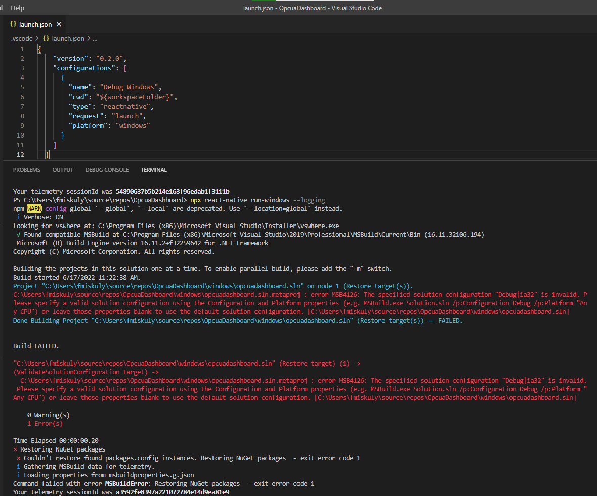cannot run from cmd or through VS Code launch.json (when building on CPU that identifies as ia32 ...