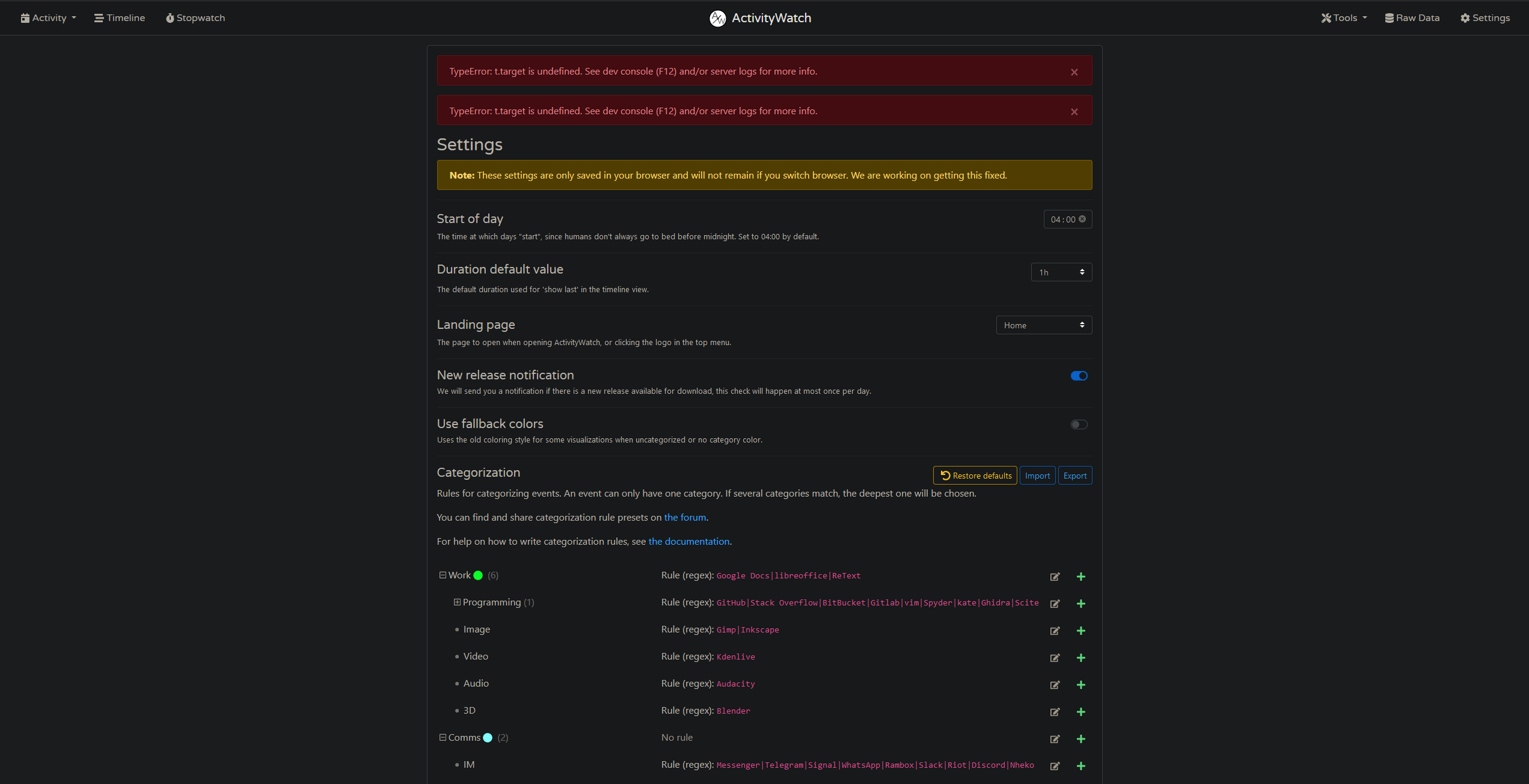 TypeError: t.target is undefined. · Issue #721 · ActivityWatch/activitywatch · GitHub