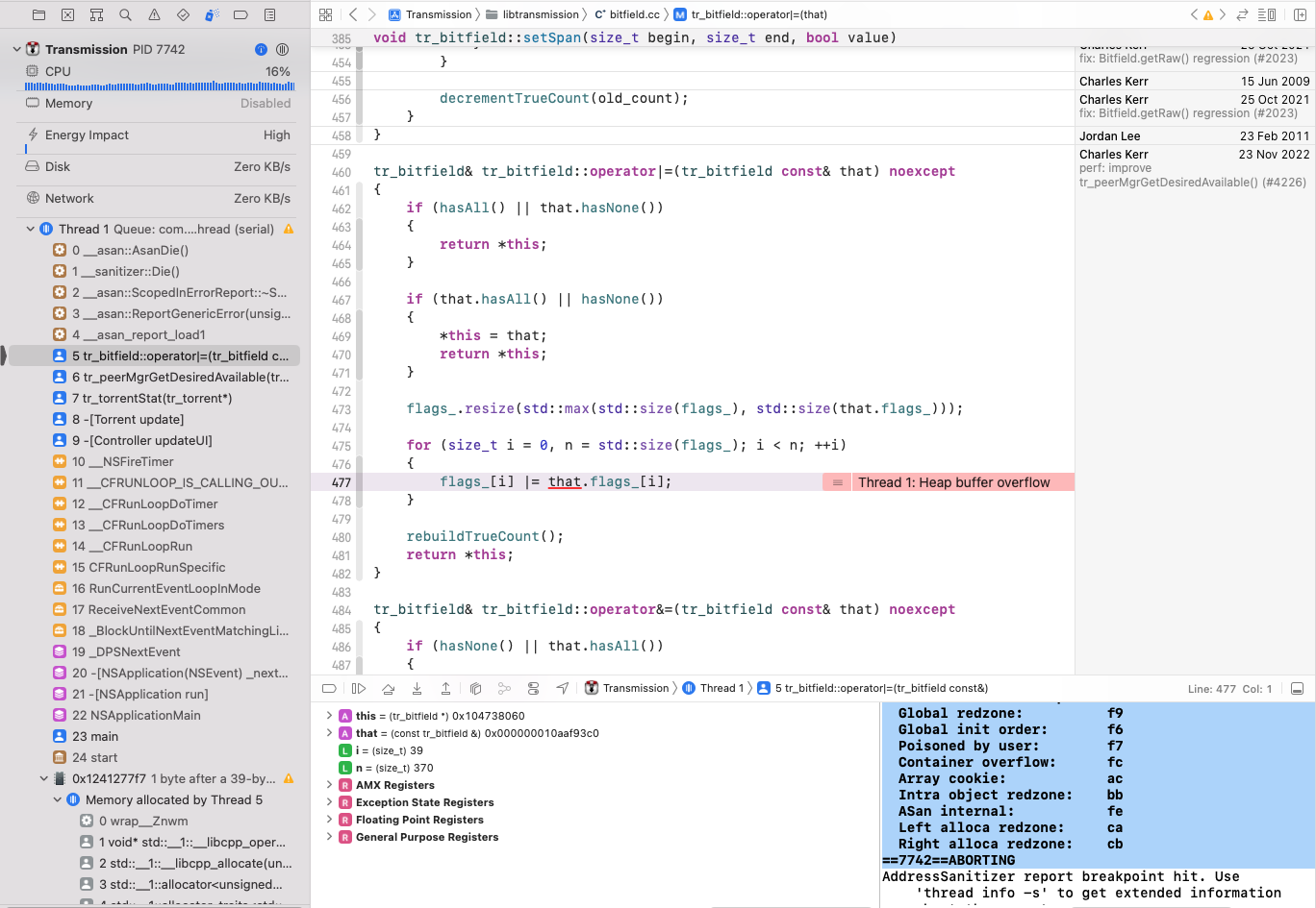 Heap buffer overflow in tr_bitfield::operator|=(tr_bitfield const&) bitfield.cc:477 · Issue ...