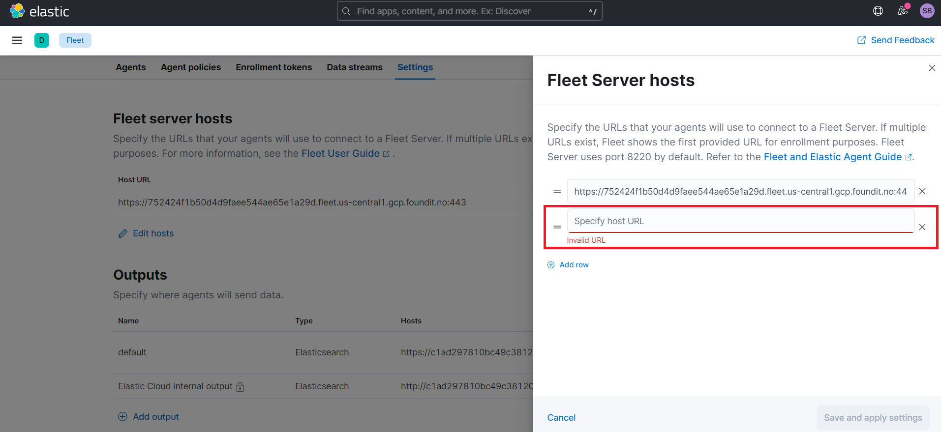[Fleet] Incorrect validation message 'Invalid URL' is displayed on saving default output without ...